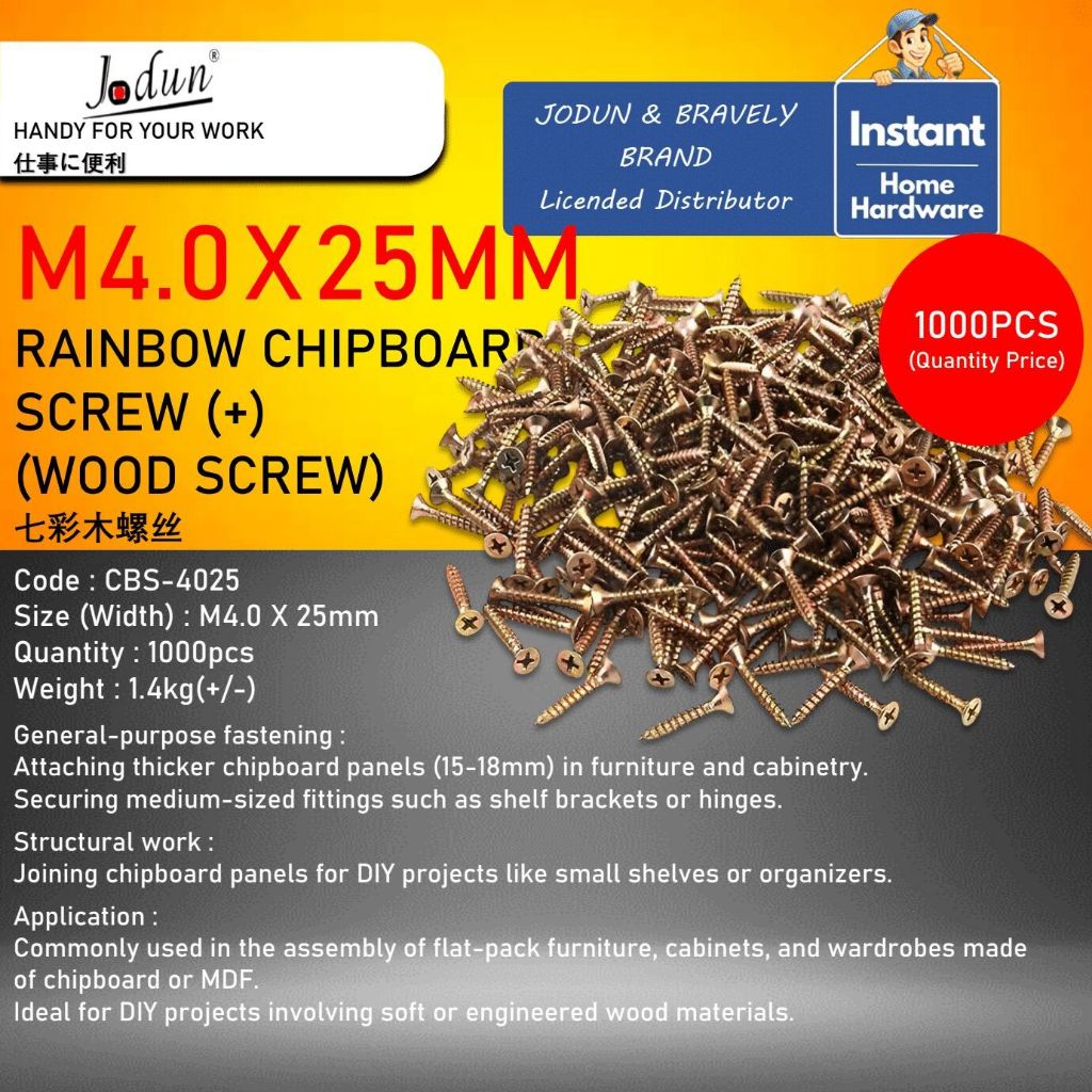 JODUN BRAND M4.0 X 25MM (1000'S) Rainbow Chipboard Screw Driving Sunk ...