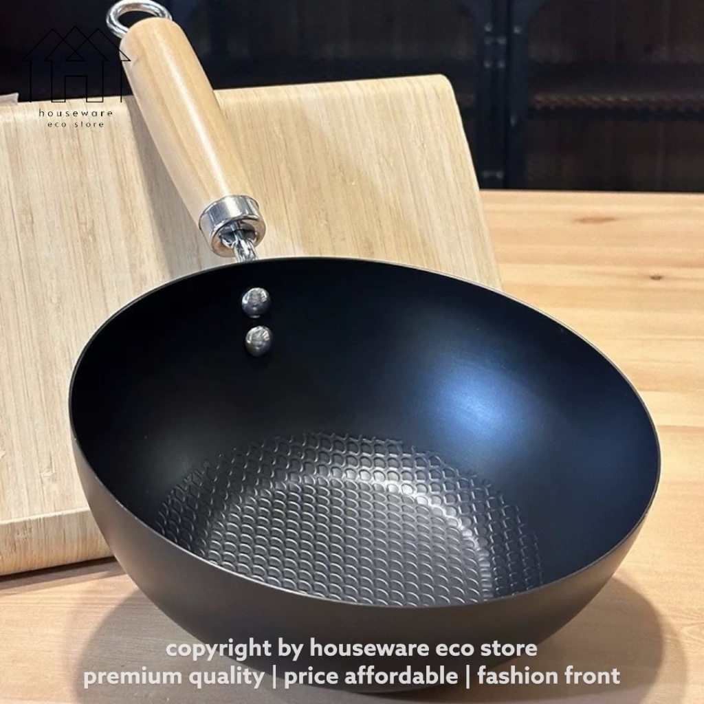 Japanese Non Stick Deep Wok Asian Cooking Wooden Handle Stir Fry Wok ...