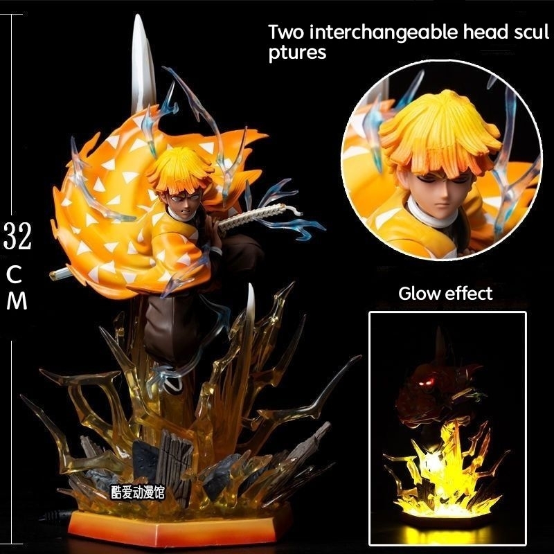 32CM DEMON SLAYER ZENITSU LED TWO HEAD GK RESIN FIGURE STATUE 鬼灭之刃 我妻善逸 ...