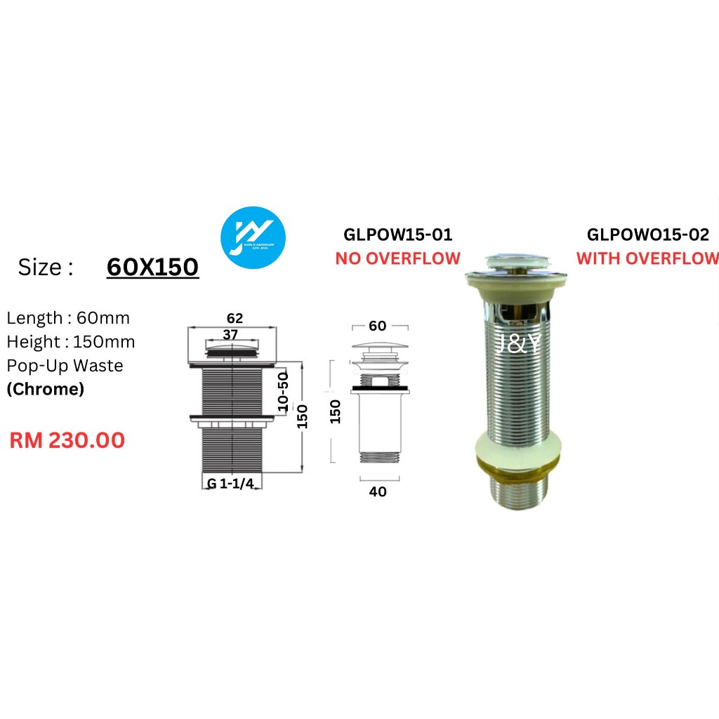 Extra Thread Long Chrome Bathroom Drainage Waste Pop-Up Basin Bounce ...