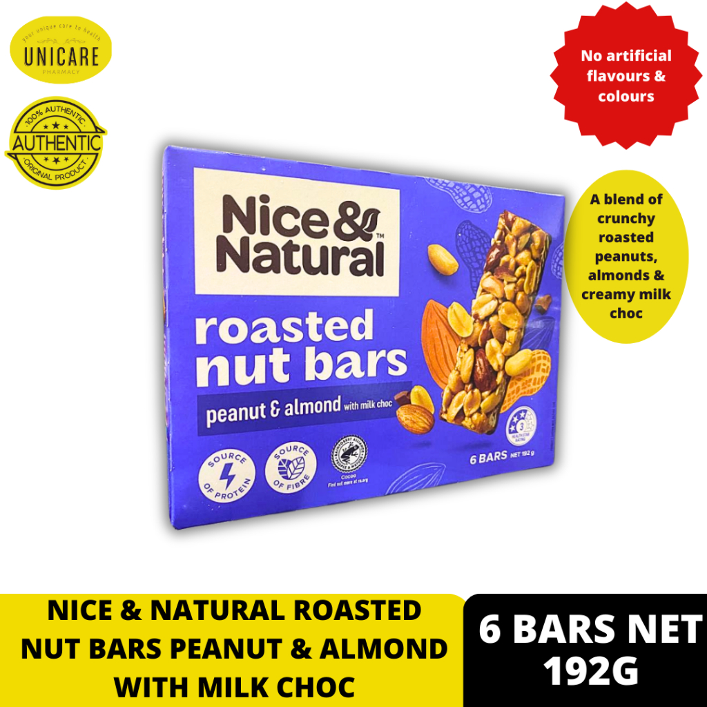 NICE & NATURAL ROASTED NUT BARS PEANUT & ALMOND WITH MILK CHOC 6 BARS ...