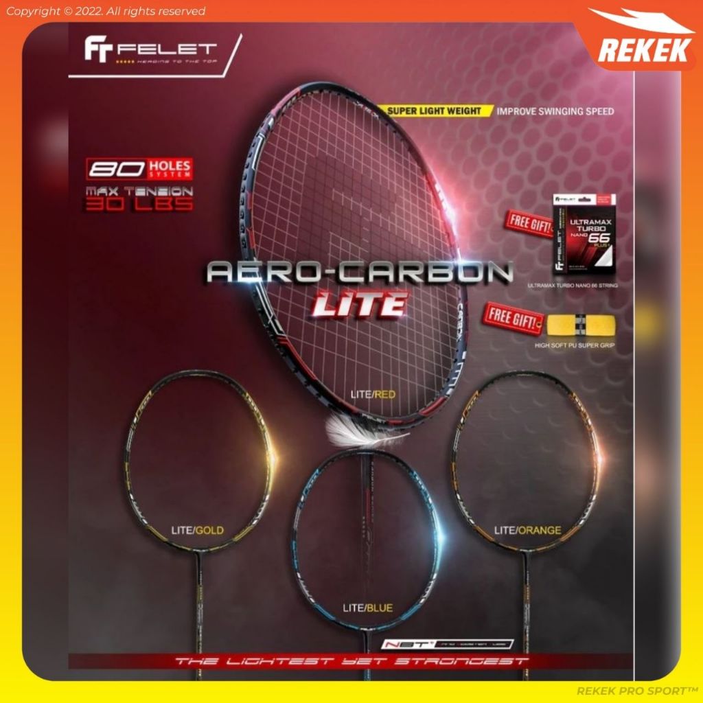 FELET Aerocarbon Lite 7U Superlight Badminton Racket Pakej Tali + Grip ...