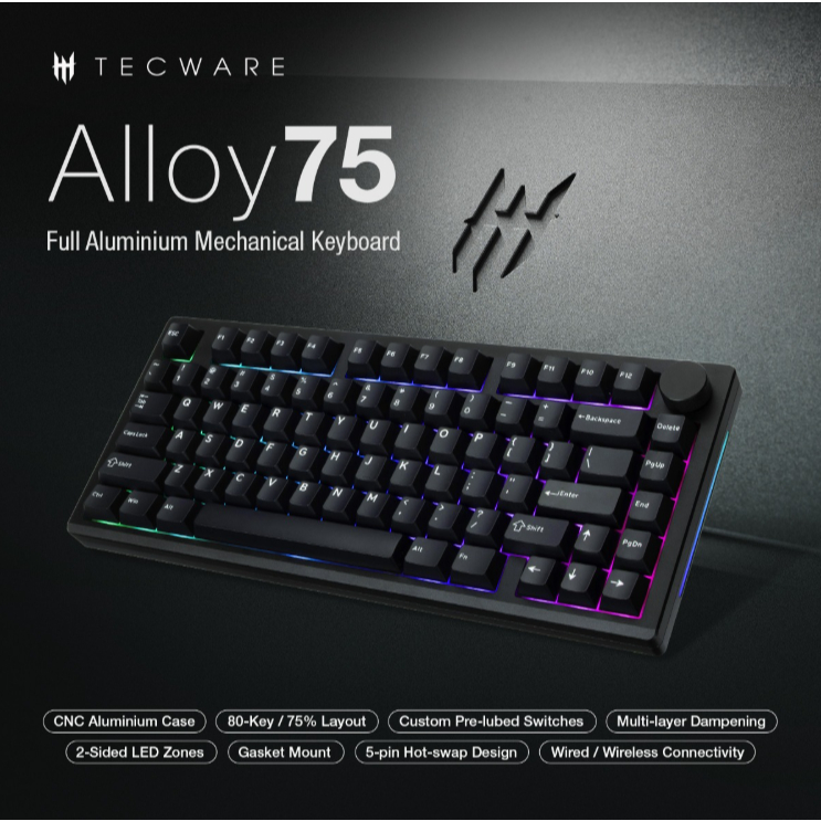 TECWARE Alloy 75 - Hot Swappable RGB Wireless Mechanical Keyboard With ...