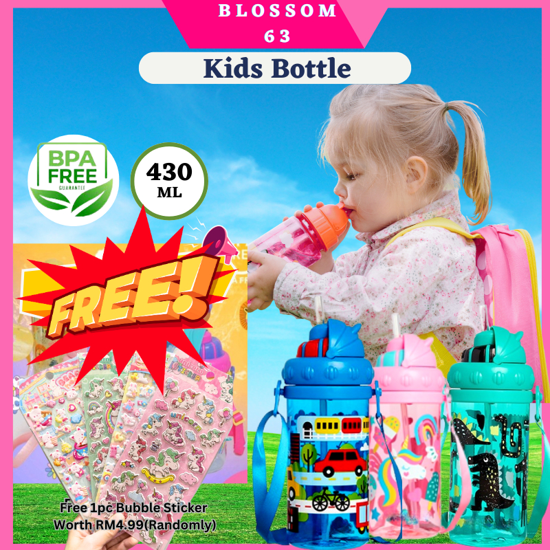 430ml Kids Water Bottle With Straw Drinking Bottles Botol Air Budak BPA FREE School Tumbler ...