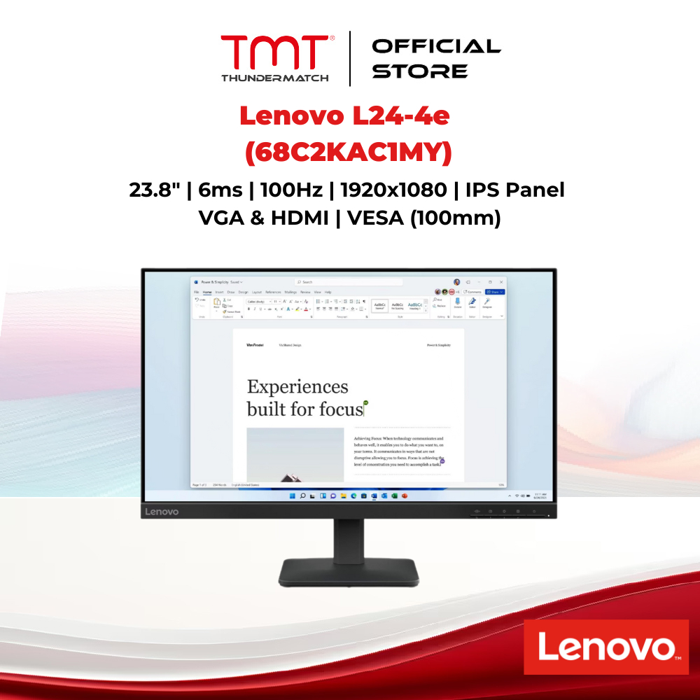 Lenovo L24-4e (68C2KAC1MY) Monitor 23.8" 6ms 100Hz FHD(1920x1080) IPS ...