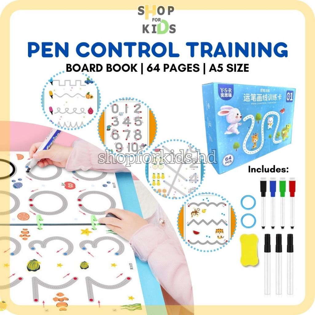 PEN CONTROL TRAINING SET + 7 MARKER PENS Erasable Tracing Workbook Buku ...