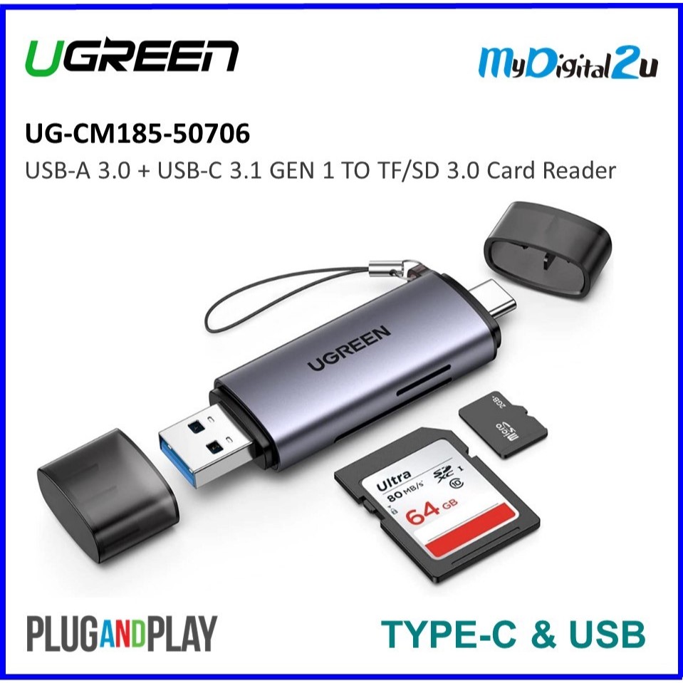 UGREEN *UG-CM185-50706 2-IN-1 USB-A 3.0 + USB-C 3.1 GEN 1 TO TF/SD 3.0 Card Reader | Shopee ...