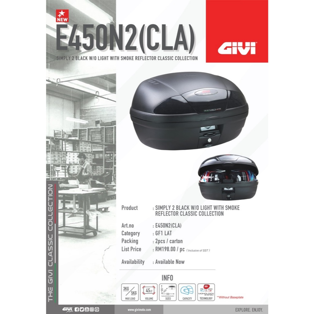 GIVI E450N2(CLA) 45 LITER SIMPLY-2 BLACK /SMOKE TOP BOX (EXCLUDE BASE ...