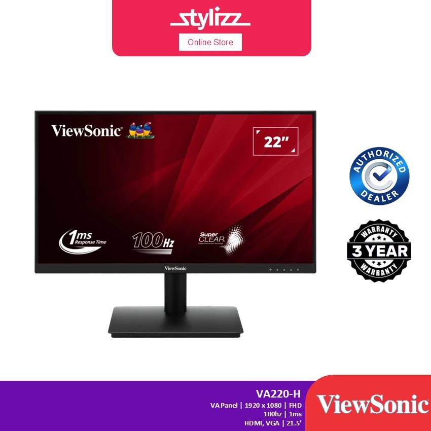 VIEWSONIC VA220-H MONITOR - 21.5", 1920 X 1080 FHD, SUPER CLEAR VA PANEL, 1MS, 100HZ, VGA, HMDI ...