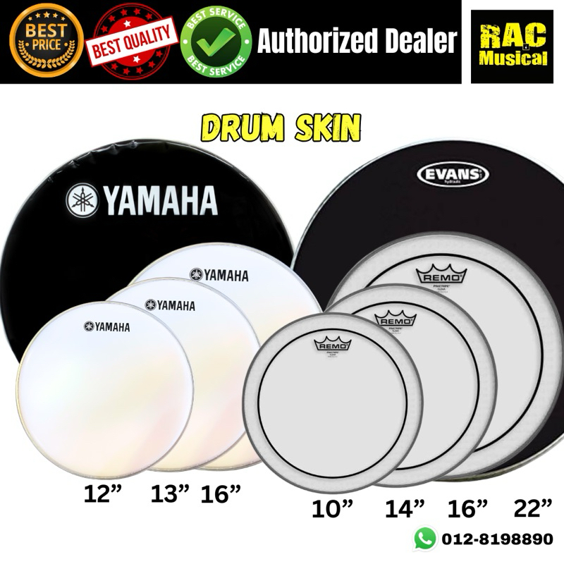 Drum Skin 10” 12” 13” 14” 16” 22” inch transparent white black Yamaha ...