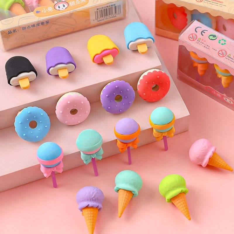 4pcs Detachable Cute Dessert Rubber Eraser Set Creative Pencil Eraser ...