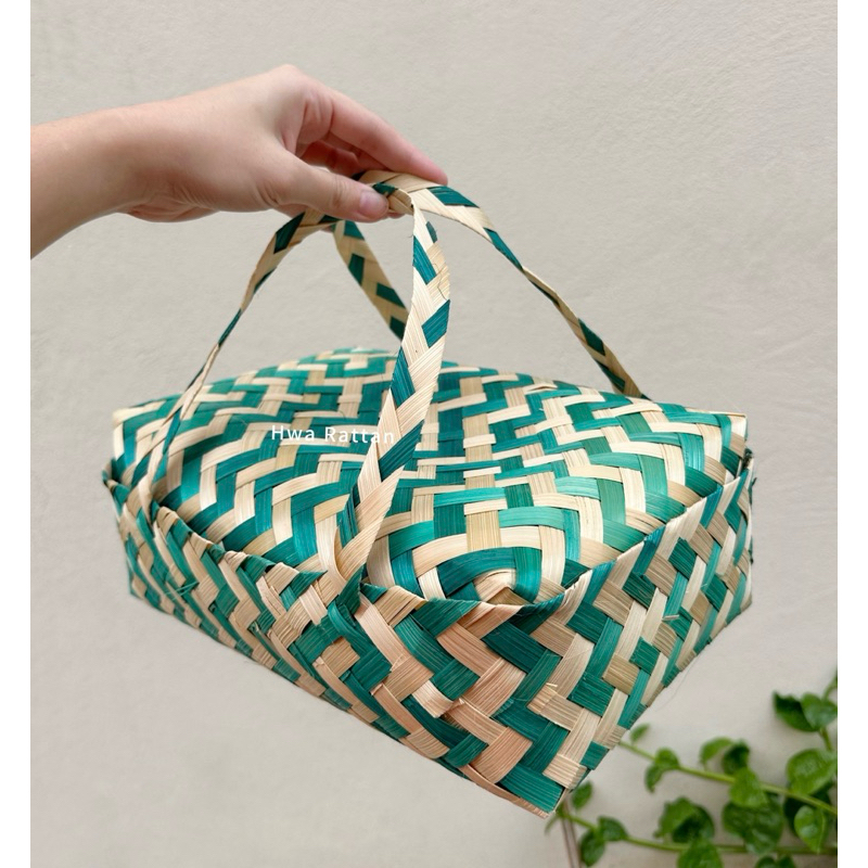 Green bamboo hamper box set w/ cover & handle container packaging ...