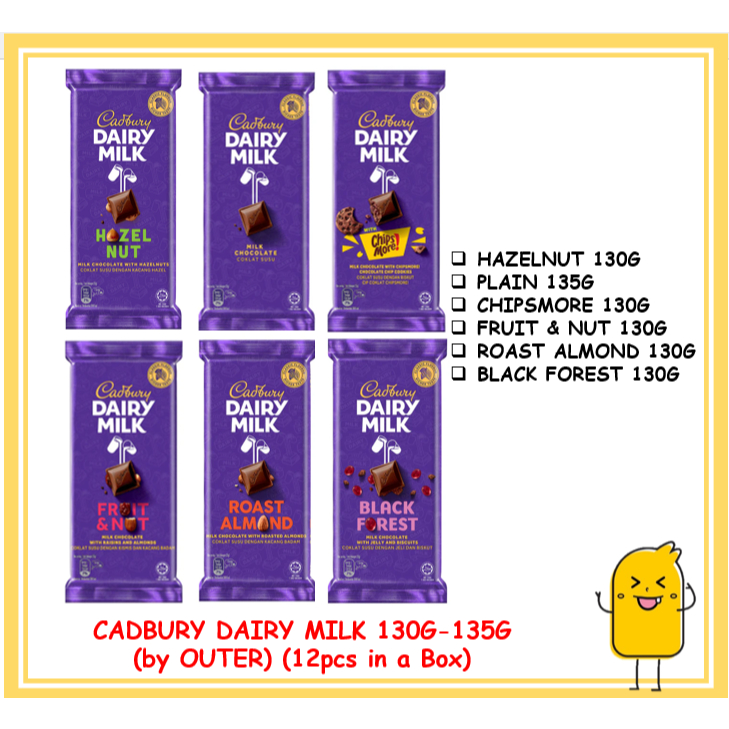 Cadbury Dairy Milk Assorted Flavors in Outers (12pcs in a box)130g-135g (New Packing & Pack Size ...