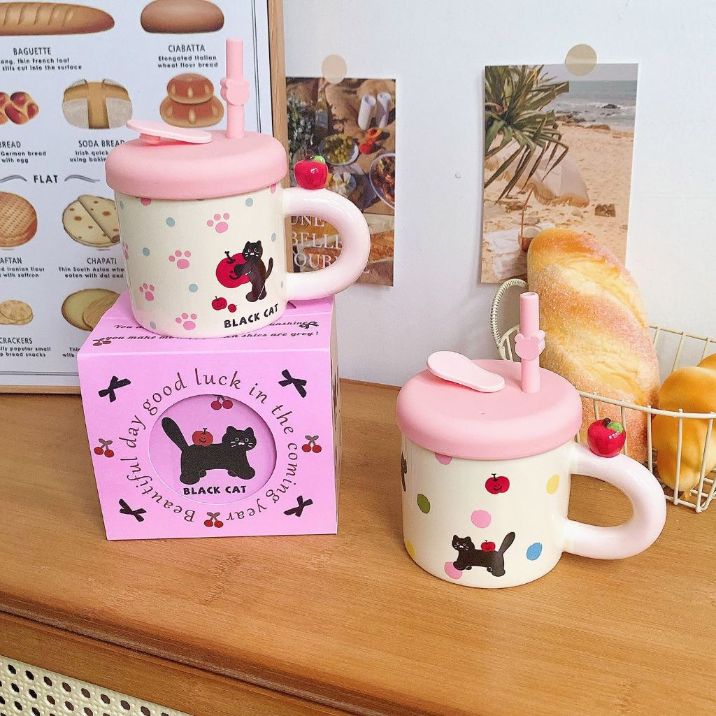 Cute Cartoon Cat Coffee Mug with Lid & Straw Box Ceramic Cup Birthday ...