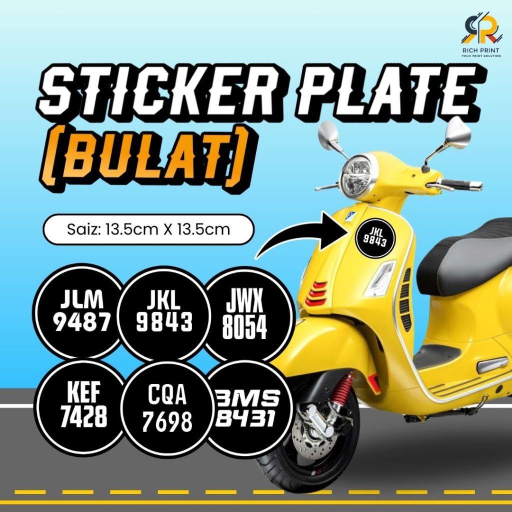 Sticker Vinyl Nombor Plate Motor Bulat Vespa Hitam Putih Two Layer ...