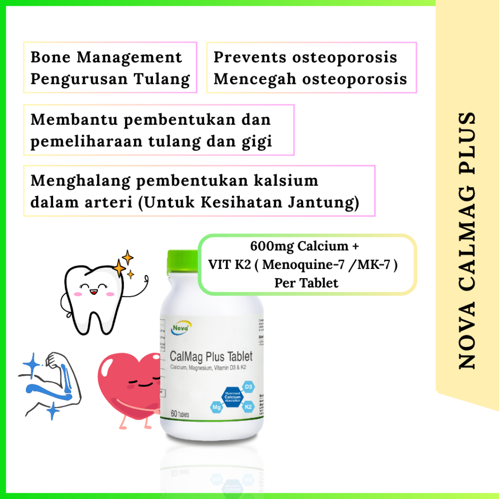 Suplemen Tulang NOVA CalMag Plus 600mg Calcium Vitamin D3 K2 Magnesium Tablets Strengthen bones ...