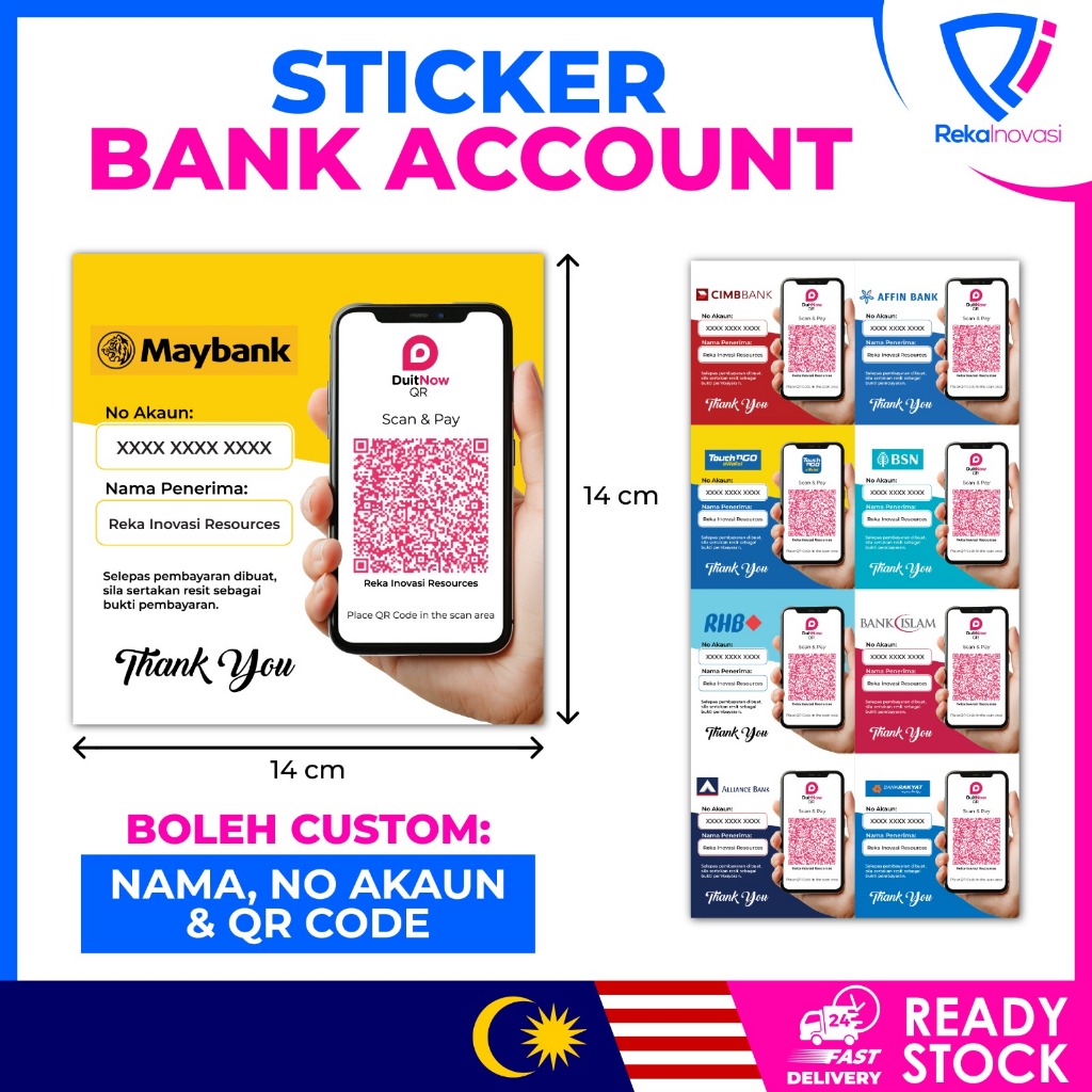 STICKER BANK ACCOUNT SCAN AND PAY SAIZ 14 CM X 14 CM / BOLEH CUSTOM ...