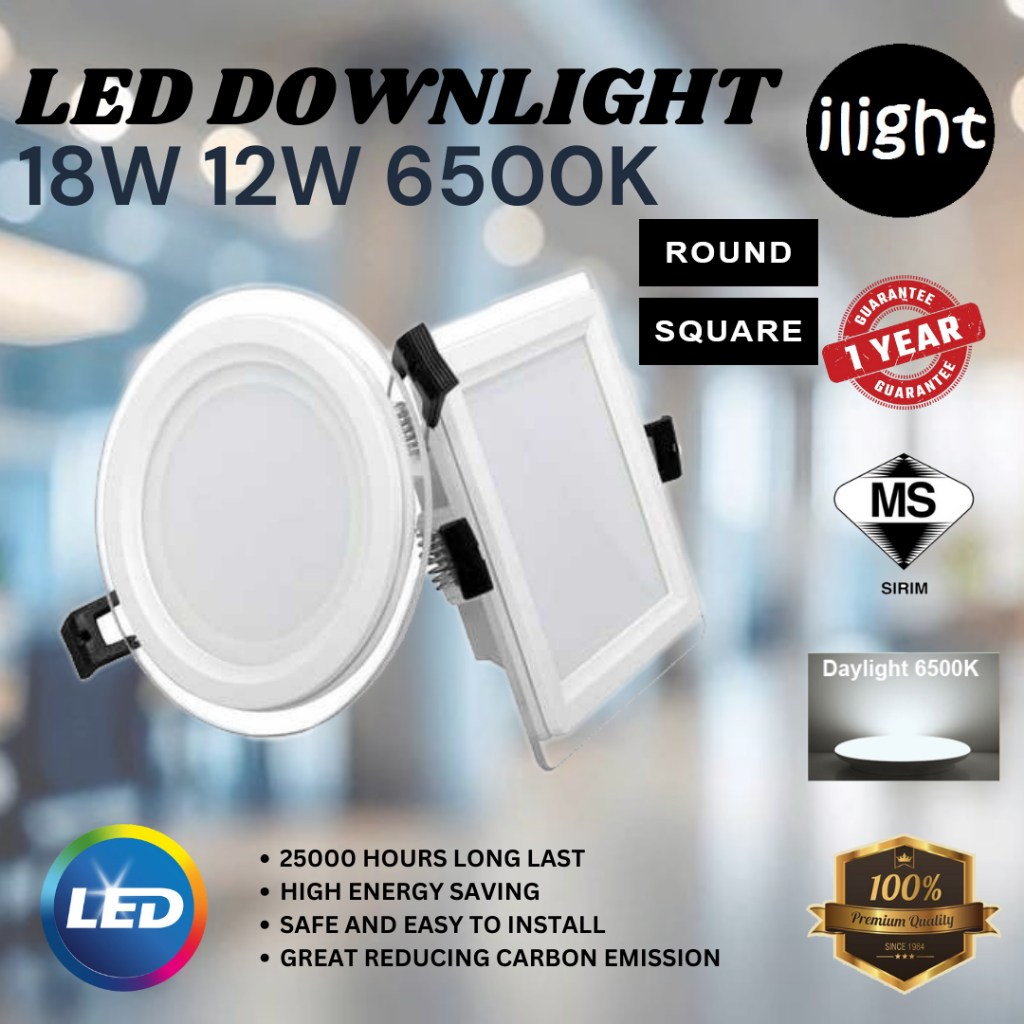 Glass Round Square LED Downlight 18W 12W Daylight 6500K Plaster Ceiling ...