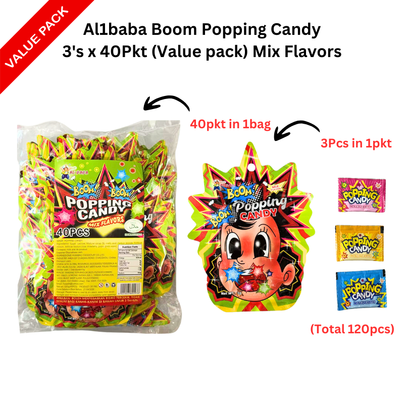 Halal Al1baba Boom Popping Candy 3's x 40Pkt (Value pack) Mix Flavors ...