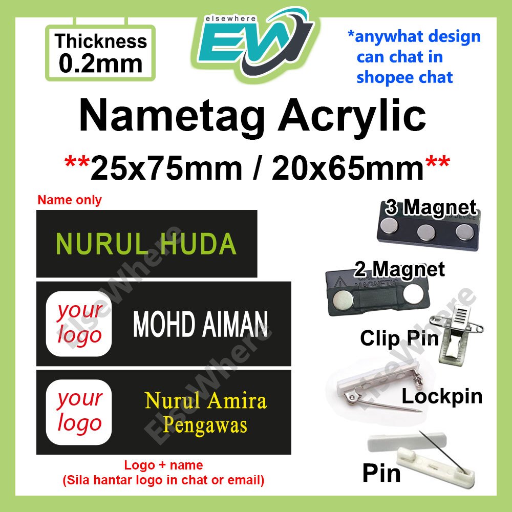 Acrylic Plastic Name Tag Pin & Magnet / Tag Nama Plastik Akrilik ...