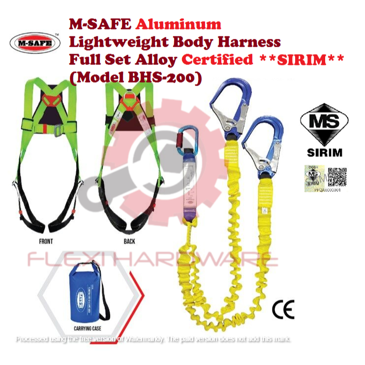 *SIRIM* M-SAFE Aluminum Lightweight Full Body Harness With Double Sling Lanyard and Absorber ...