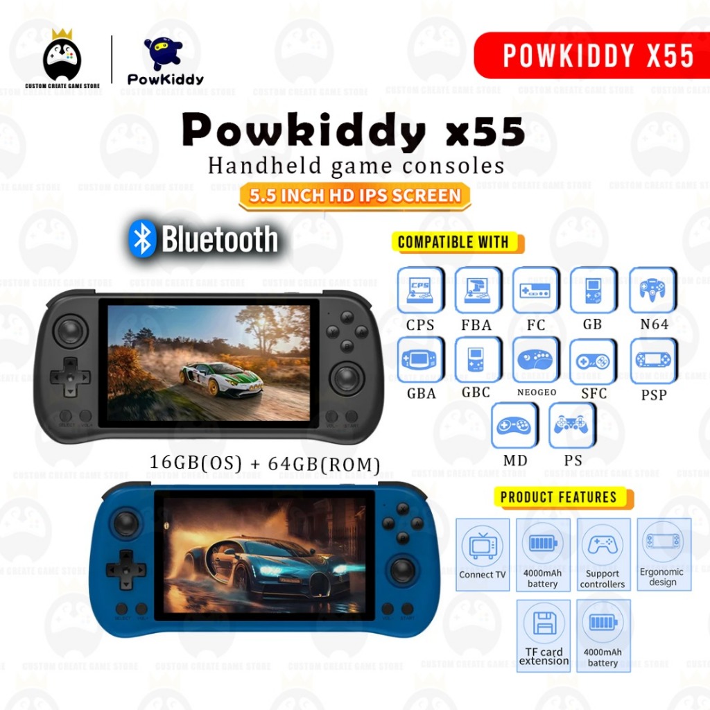 POWKIDDY New X55 Black Portable Gaming Console IPS HD Large Screen ...