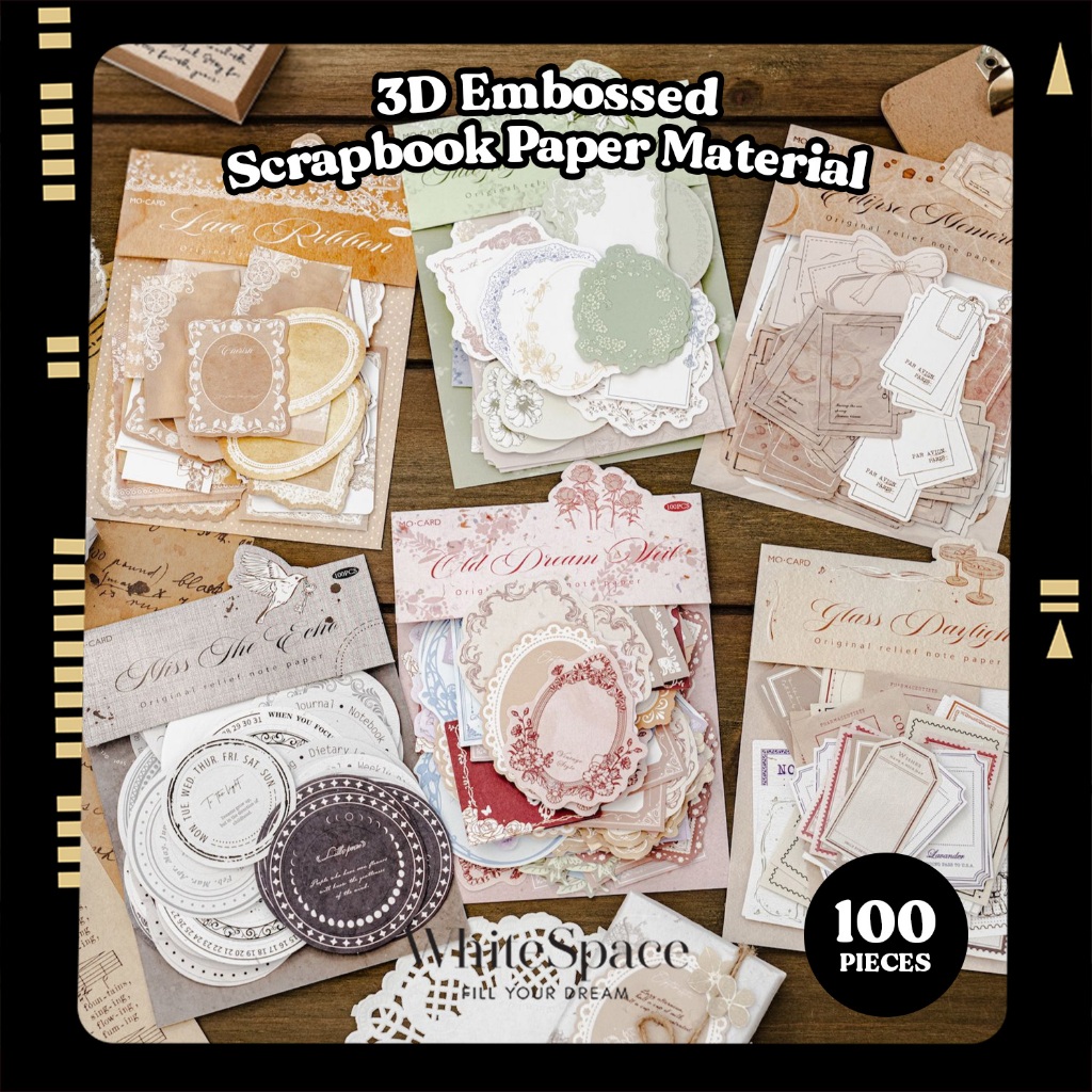 Whitespace 100pcs Embossed Vintage Scrapbook Paper Material Frame Junk ...
