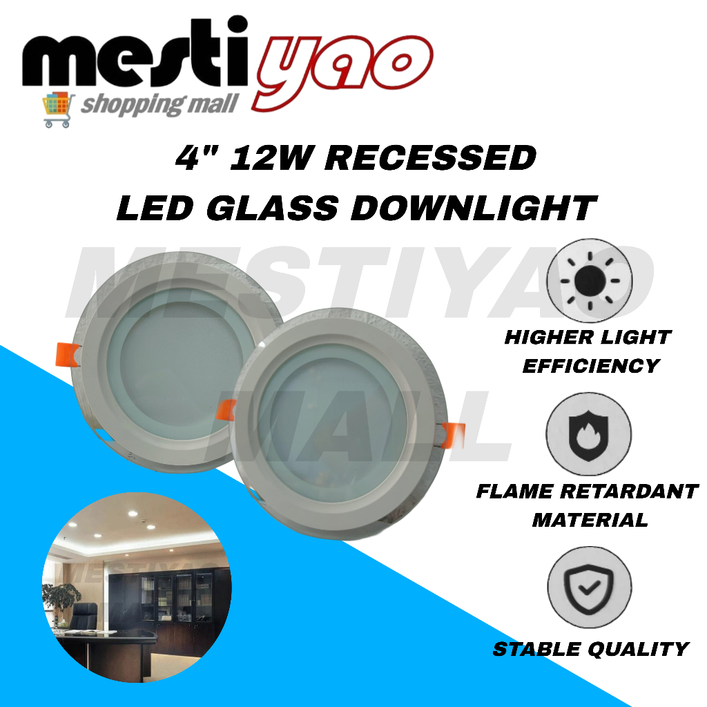 4” 12W 6500K Recessed LED Glass Downlight/Lampu Downlight Tersembunyi ...