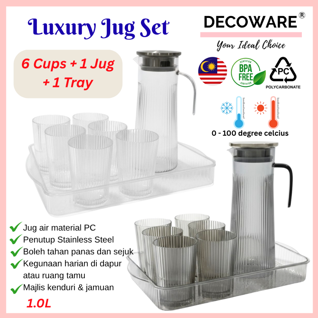 ECOWARE 1L Luxury Water Jug Set with 6 Cups & Tray Set Jug Air Mewah ...