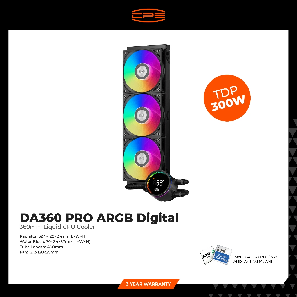 CPS DA360 Pro Digital ARGB 360mm Liquid CPU Cooler TDP 300W | Shopee ...
