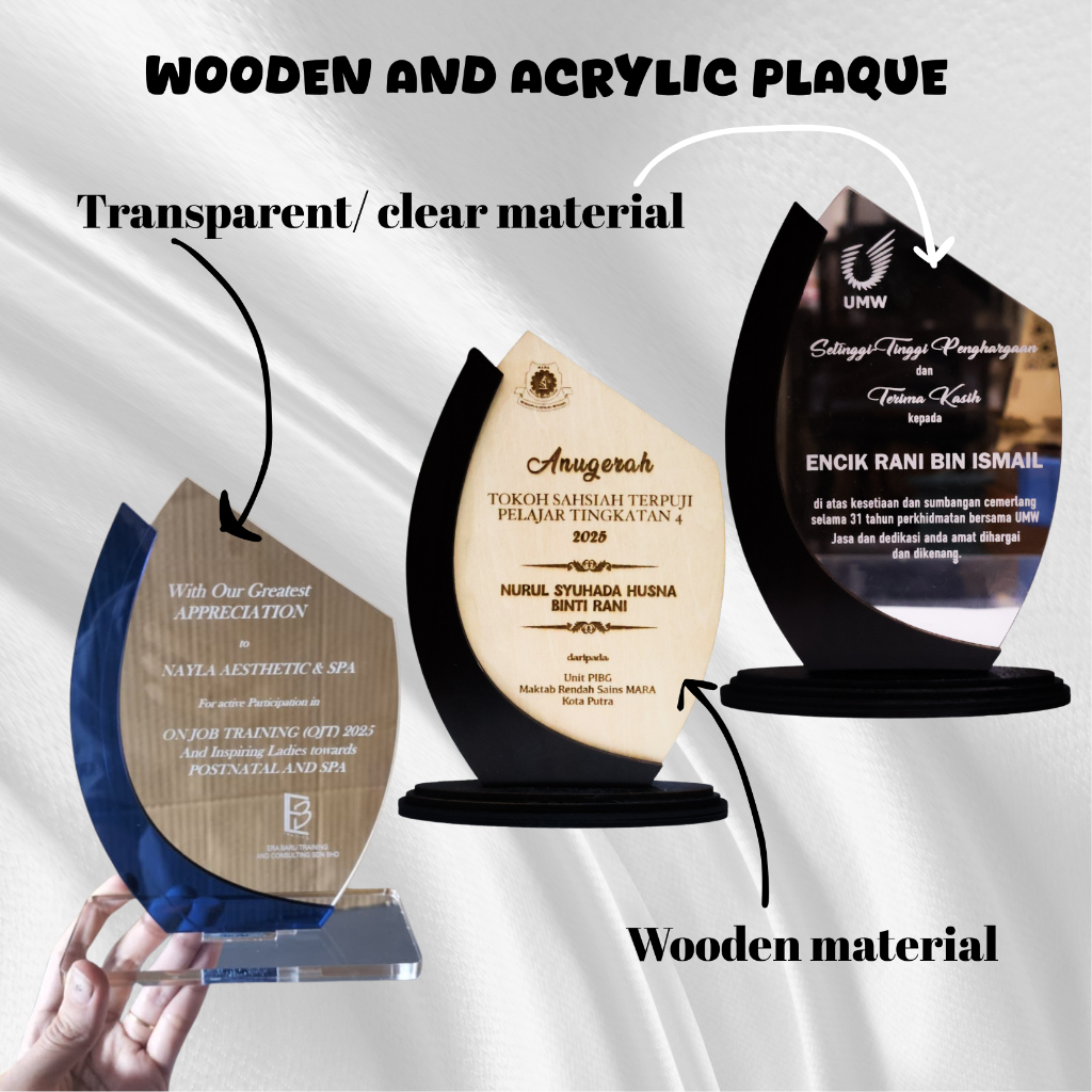 Trofi plak Trophy plaque kayu acrylic custom design logo mesej majlis ...