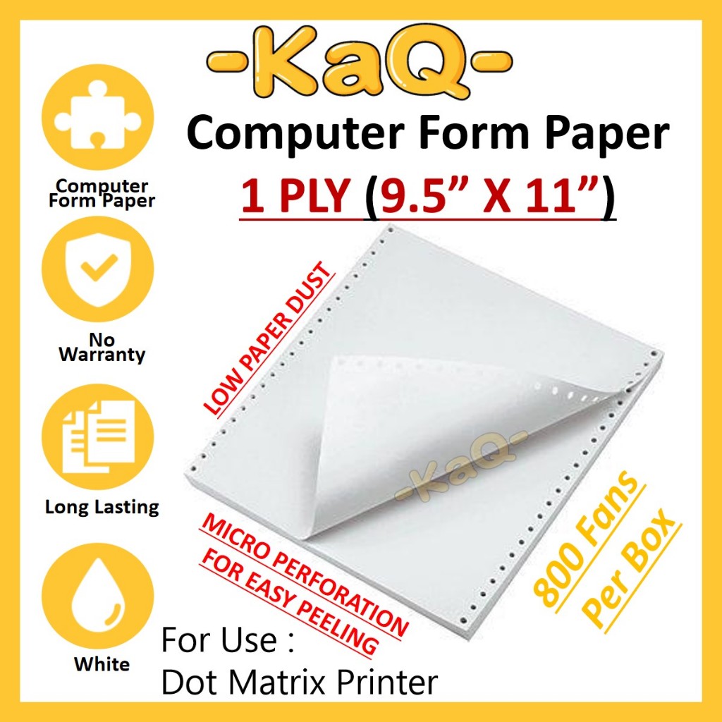 Computer Form Paper 1 PLY 9.5" X 11" White Color 800 Fans Per Box for ...