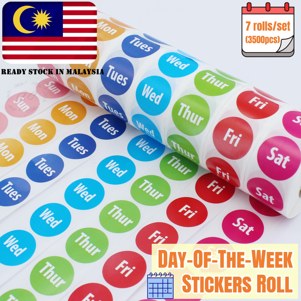 (3500pcs) Multipurpose Colour Day-of-The-Week Stickers Roll Set of 7pcs ...