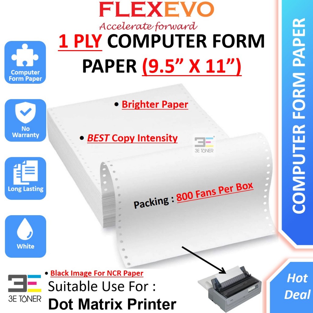 Computer Form Paper 1 PLY 9.5" X 11" White Color Single Layer 800 Fans ...