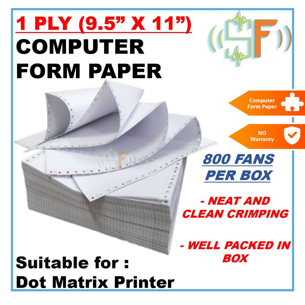 Computer Form Paper 1 PLY 9.5" X 11" White Color 800 Fans Per Box for ...