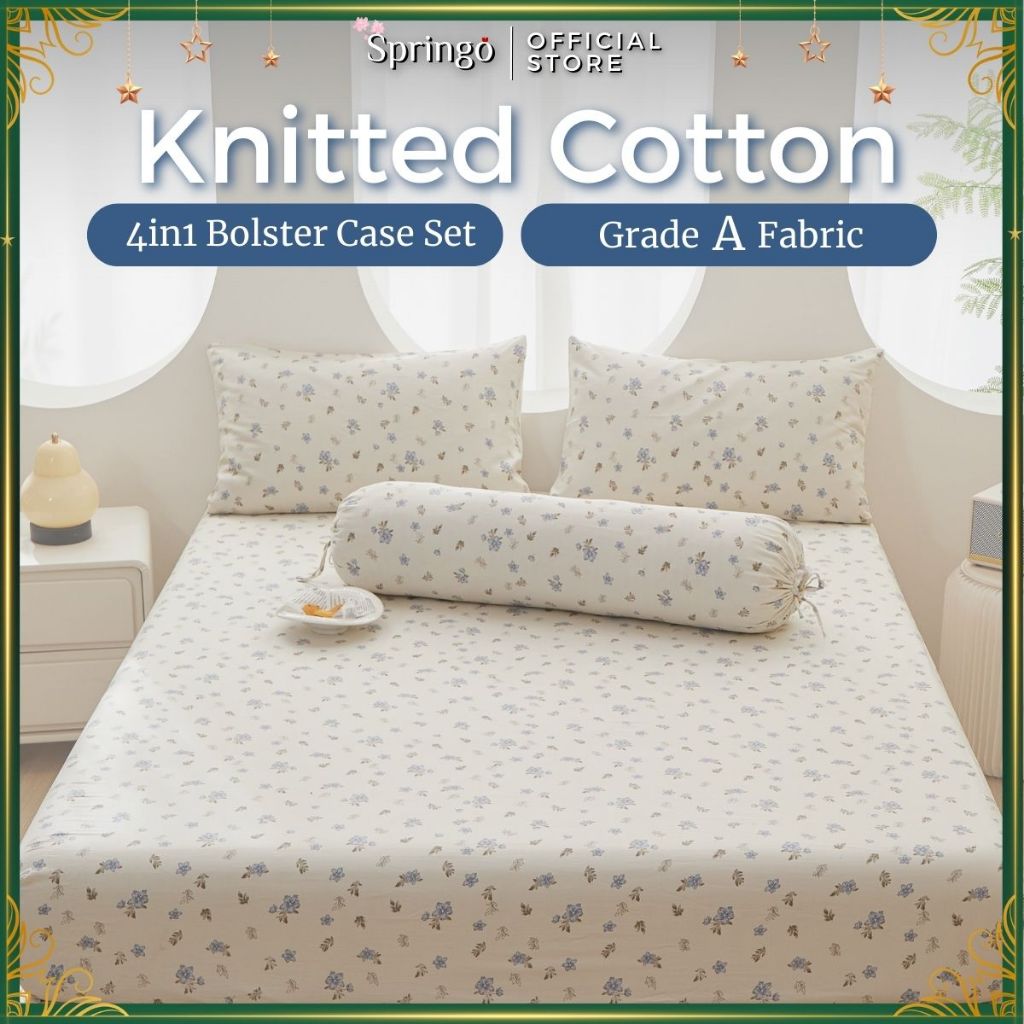 SPRINGO 4in1 Knitted Cotton Cadar Set Grade A Fitted Bedsheet Set Super ...