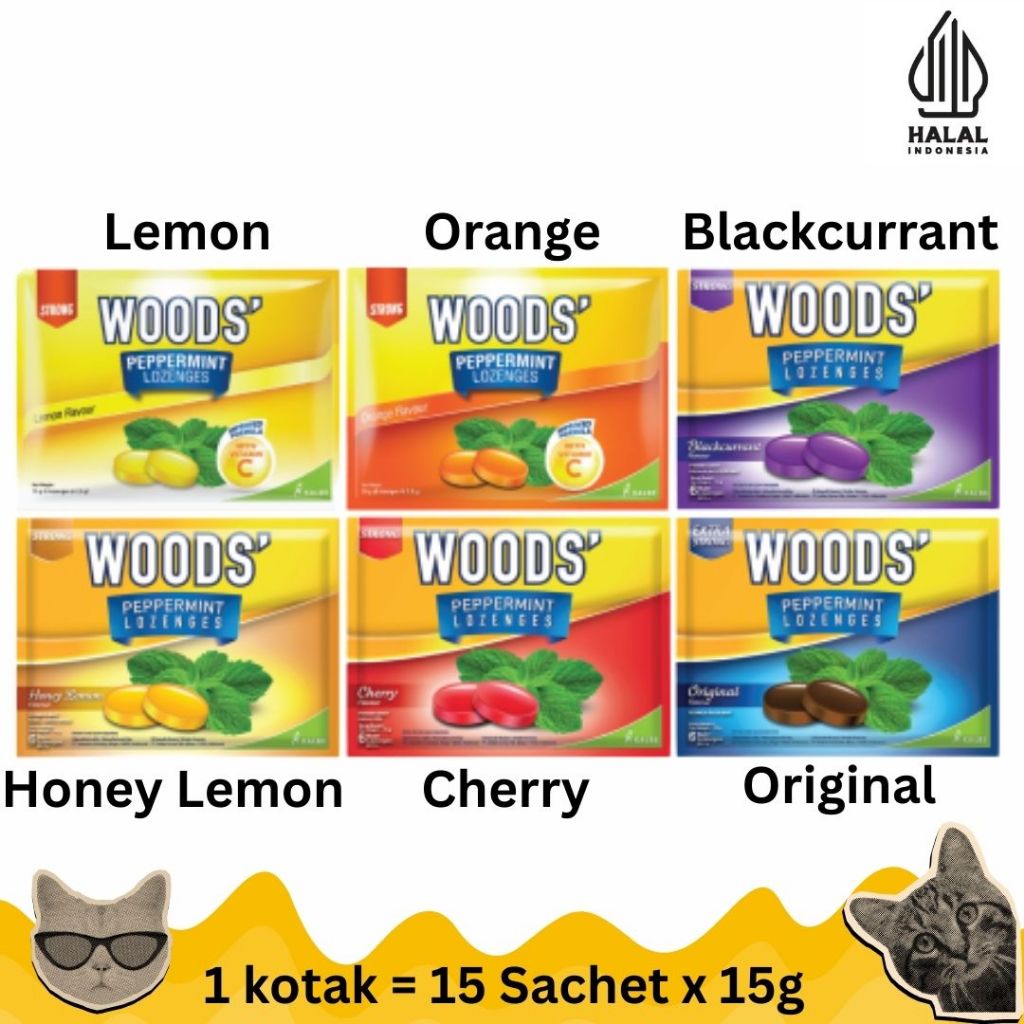 WOODS Chewy Peppermint Lozenges Candy – 6 Flavors + Sugar-Free – 1 Box ...