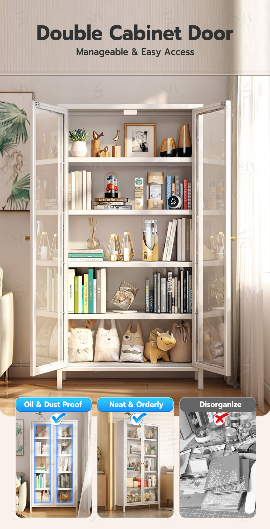 SIV Book Shelf Cabinet With Glass Door Bookcase Metal Display Cabinet ...