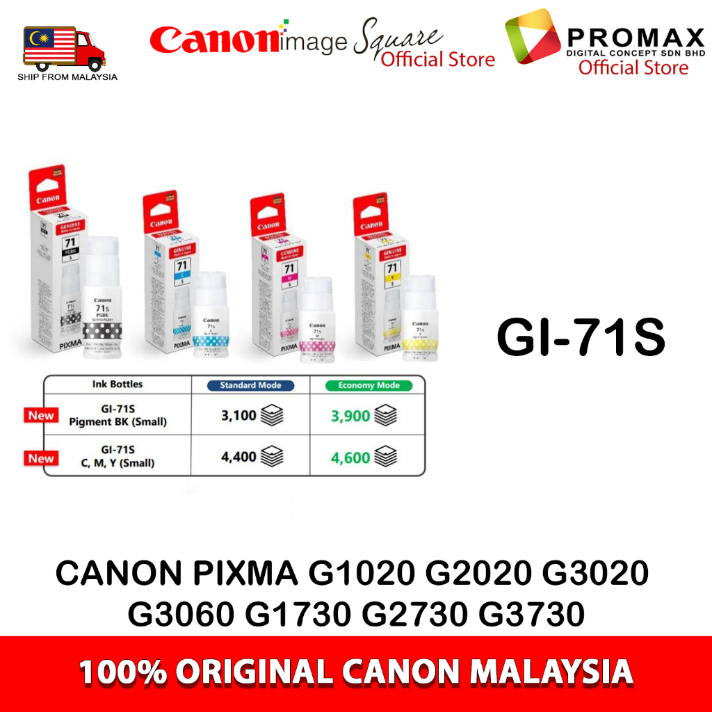 CANON GI-71 GI-71S INK BLACK/CYAN/MAGENTA/YELLOW G3020/G3060/G1020 ...