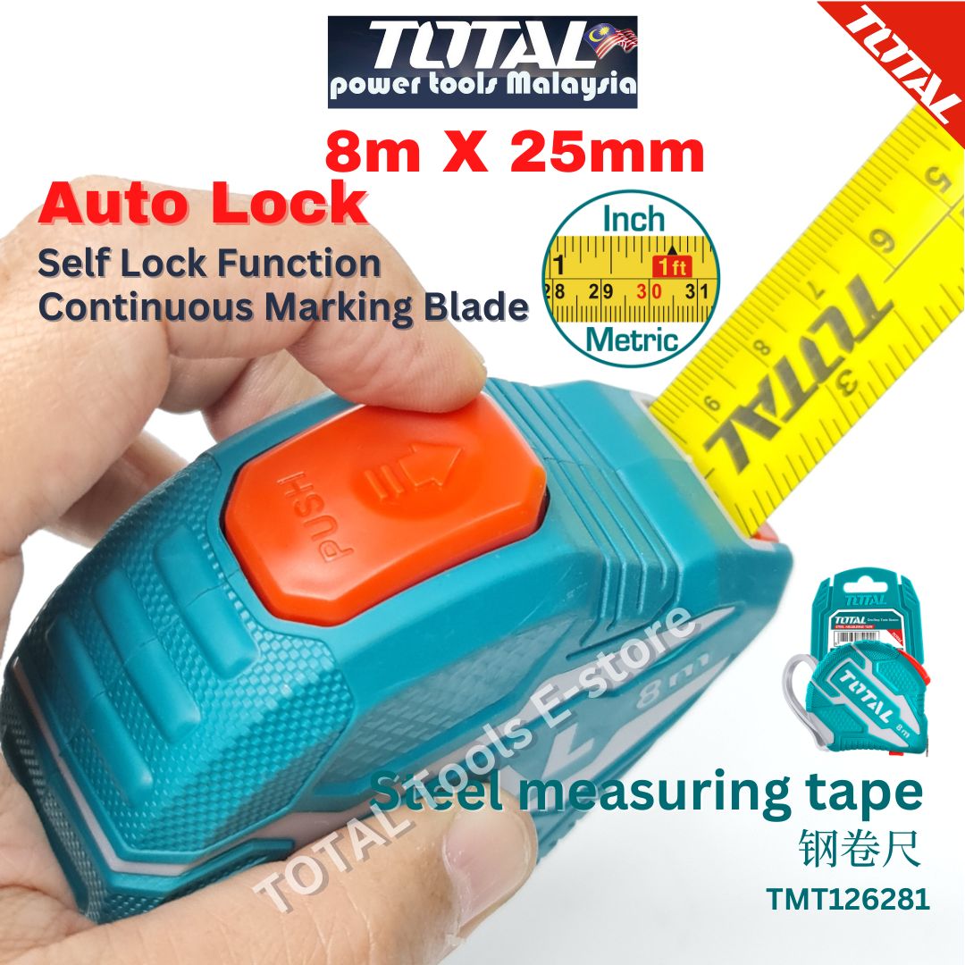 TOTAL Auto Lock function Steel measuring tape 8m x 25mm 钢卷尺 - TMT126281 ...