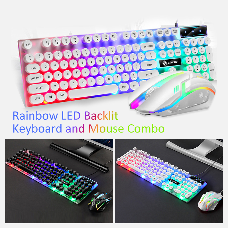 Mechanical Wireless Keyboard and Mouse Set Rainbow RGB Colour LED Light ...