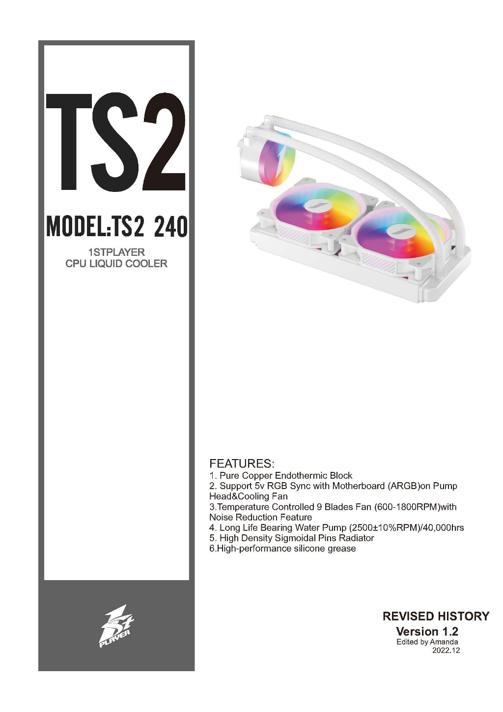 1ST PLAYER THUNDERSTORM TS2 240 CPU LIQUID COOLER BLACK / WHITE AIO ...