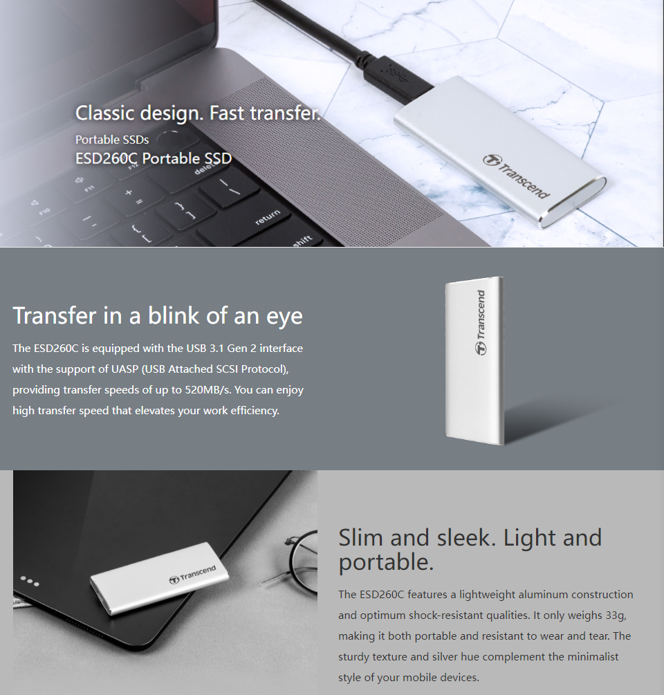 Transcend ESD260C USB 3.1 GEN 2 Portable SSD External SSD 3D NAND ...
