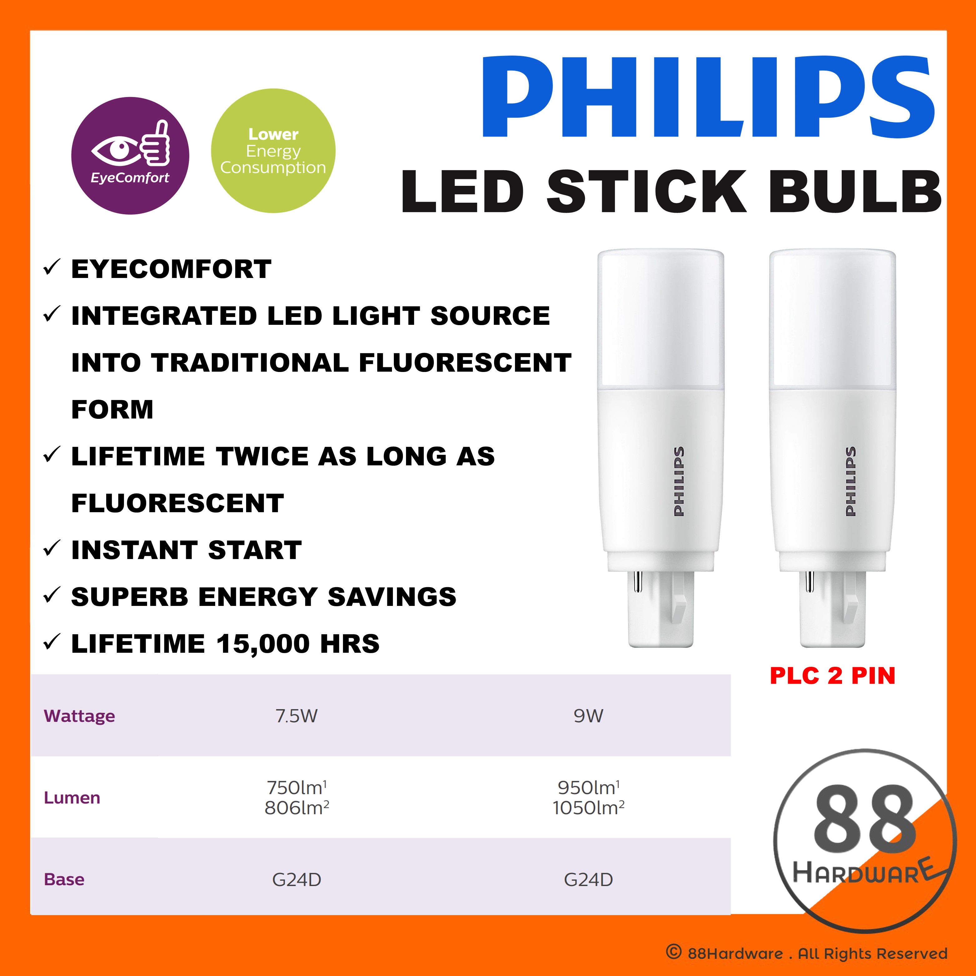 PHILIPS 5W/7W/9W/11W/13W / E27 / E14 / ESSENTIAL LED BULB/STICK BULB/PLC 2 PIN BULB/LAMPU BULB ...
