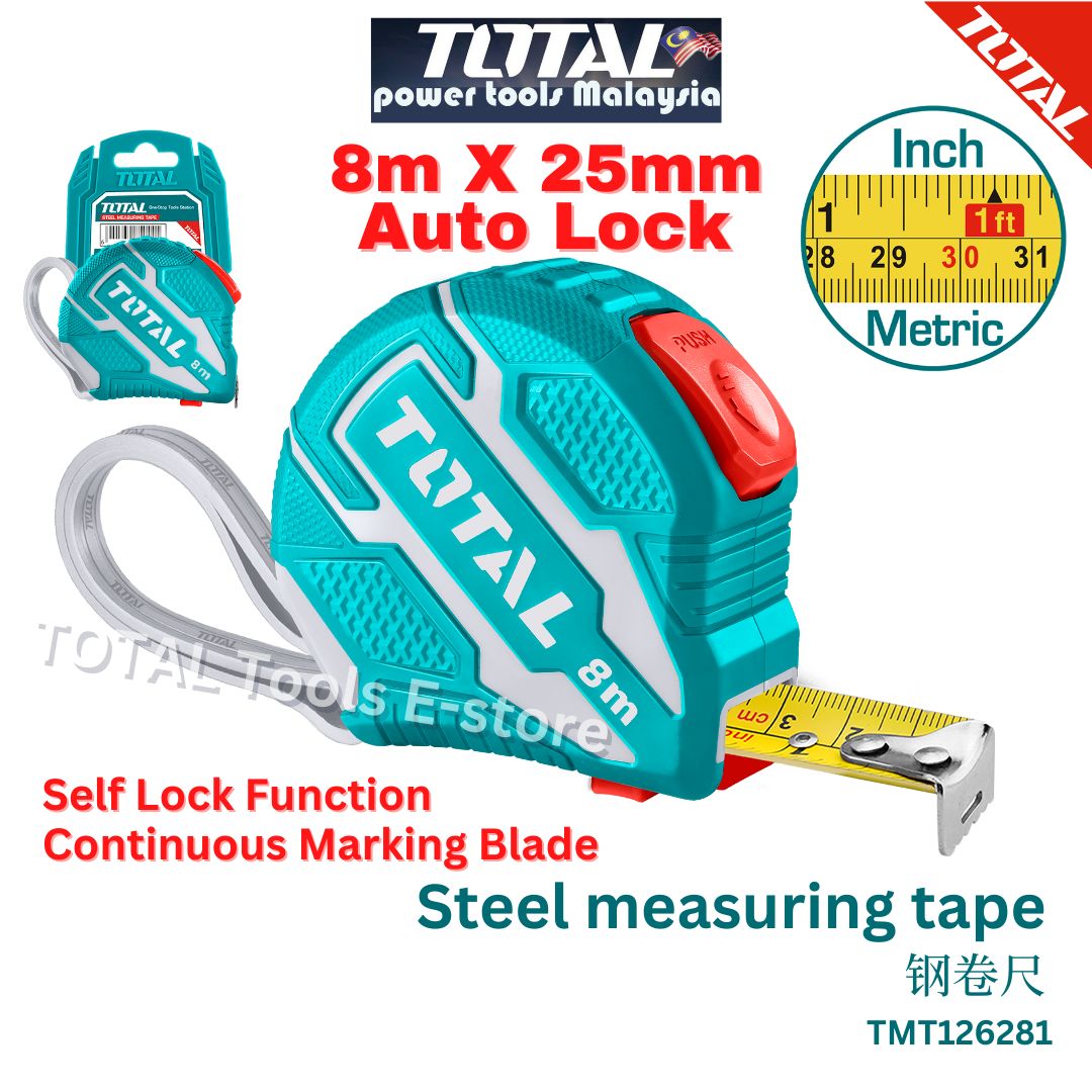 TOTAL Auto Lock function Steel measuring tape 8m x 25mm 钢卷尺 - TMT126281 ...
