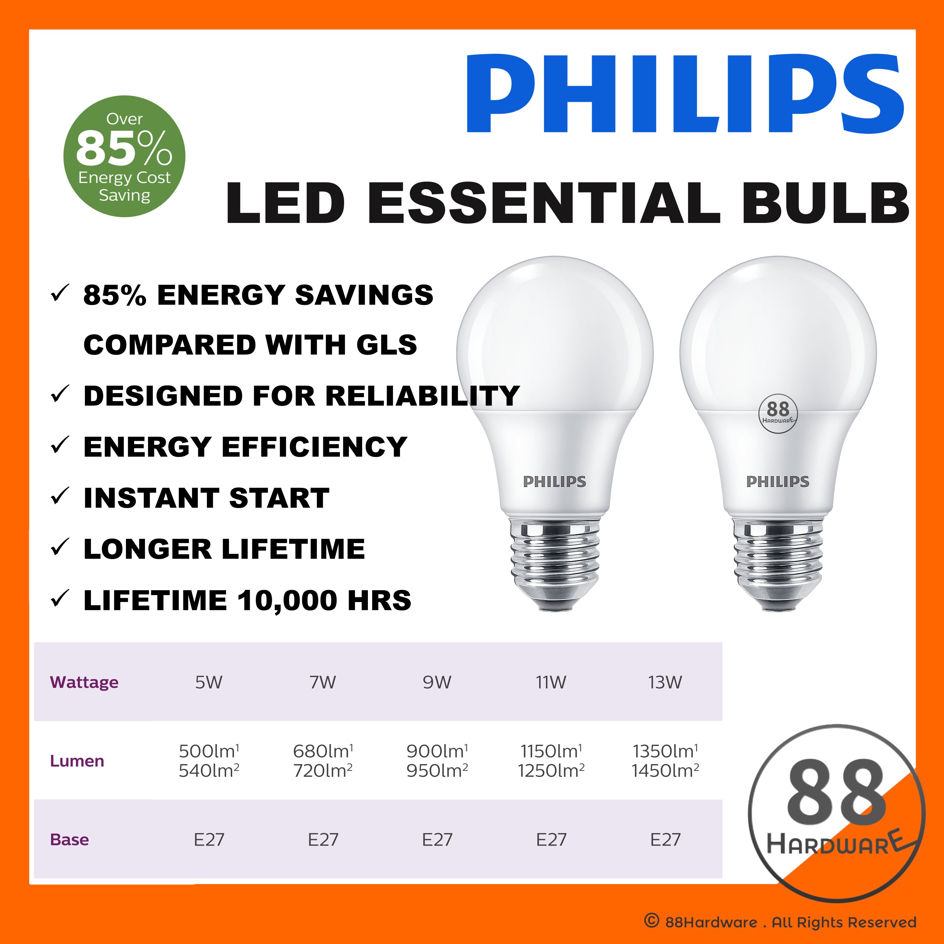 PHILIPS 5W/7W/9W/11W/13W / E27 / E14 / ESSENTIAL LED BULB/STICK BULB ...