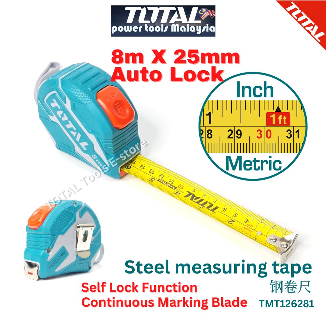 TOTAL Auto Lock function Steel measuring tape 8m x 25mm 钢卷尺 - TMT126281 ...