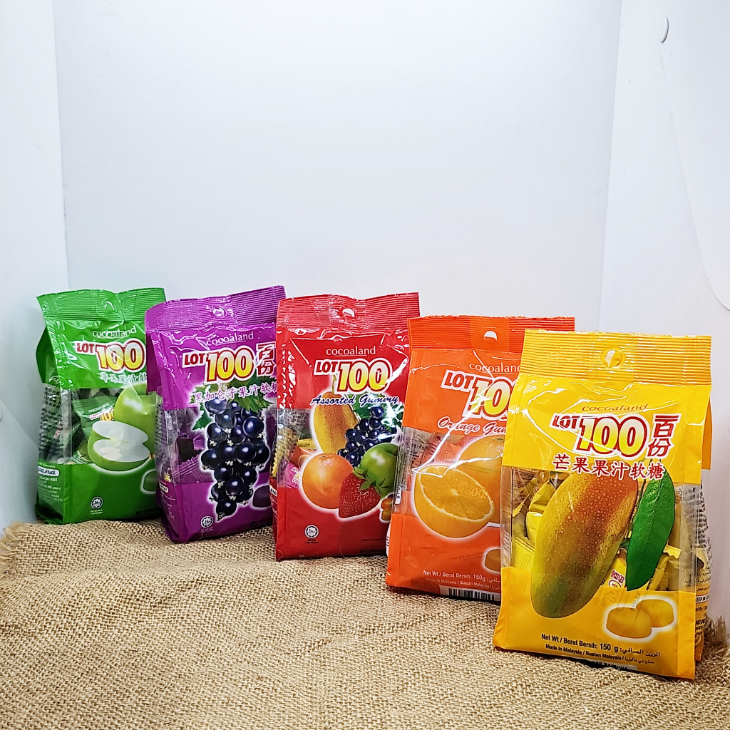 LOT 100 Fruity Gummy Candy (130g / Halal) Assorted, Apple, Orange, Mango, Blackcurrant (Gula ...