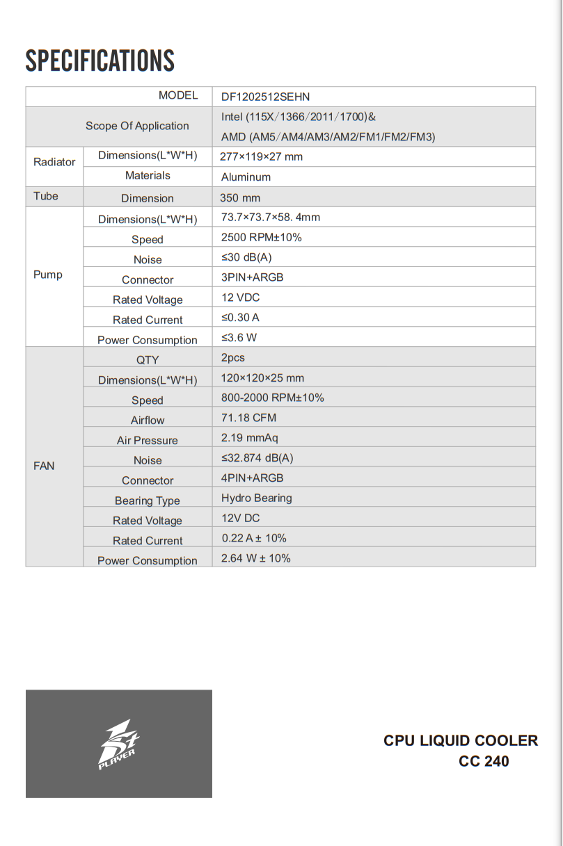 1st Player CC240 CPU 240mm All-in-One AIO Liquid Cooler ARGB LED Black / White | Shopee Philippines