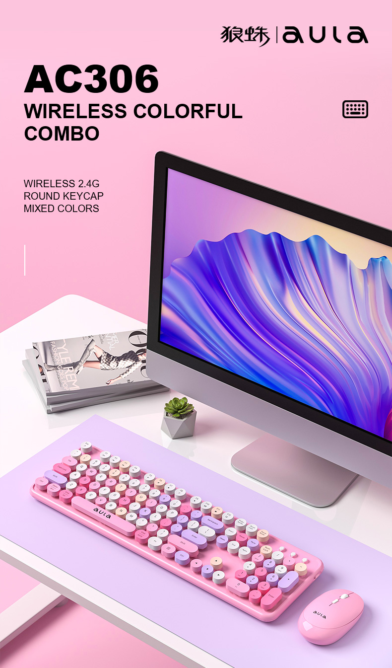 AULA AC306 WIRELESS COMBO RETRO TYPING ROUND KEYCAP DESIGN PLUG N PLAY ...